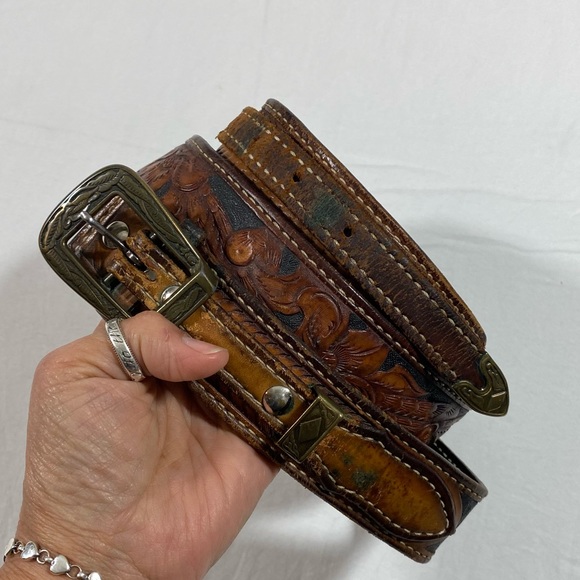 Accessories | Rustic Floral Textured Leather Belt Brown And Black ...
